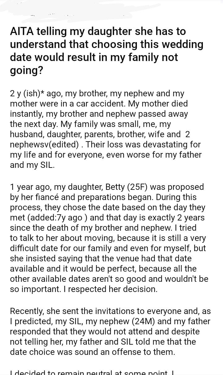AITA telling my daughter she has to understand that choosing this wedding date would result in ...
