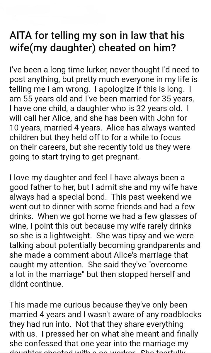 AITA for telling my son in law that his wife(my daughter) cheated on him? – DJOTD.com