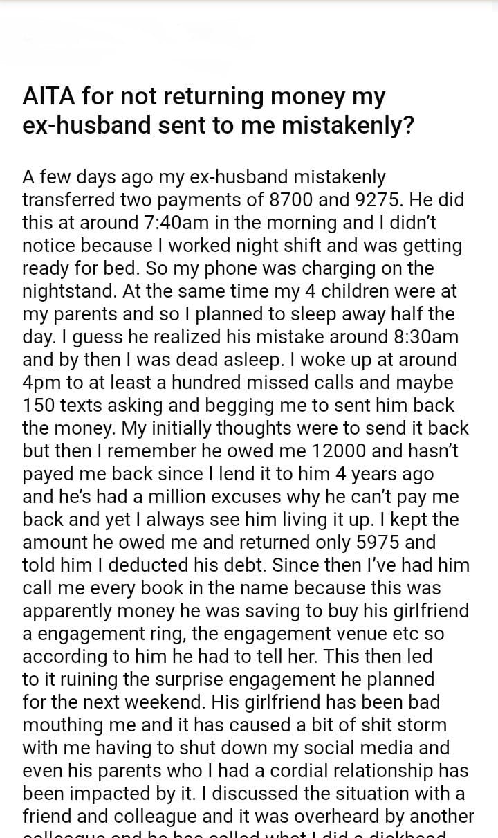 AITA for not returning money my ex-husband sent to me mistakenly ...