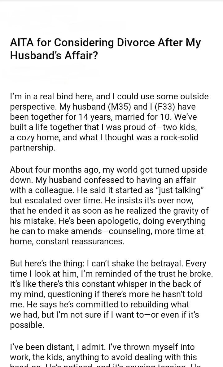 AITA for Considering Divorce After My Husband’s Affair? – DJOTD.com