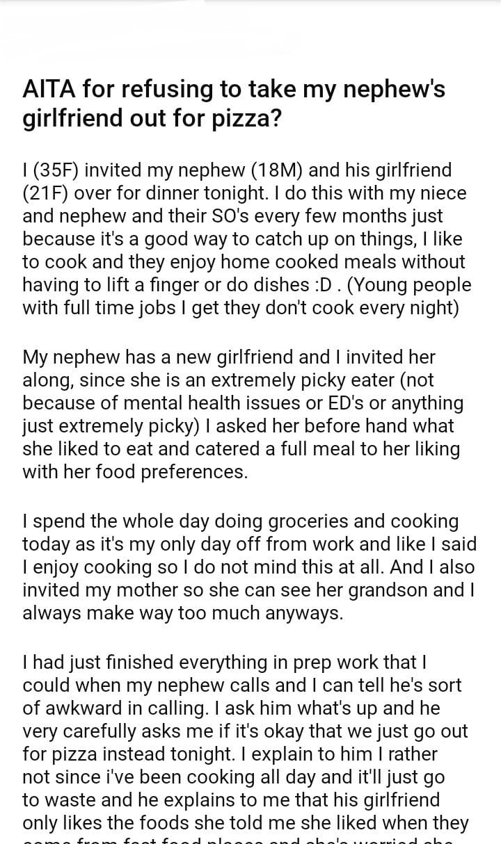 AITA for refusing to take my nephew’s girlfriend out for pizza? – DJOTD.com
