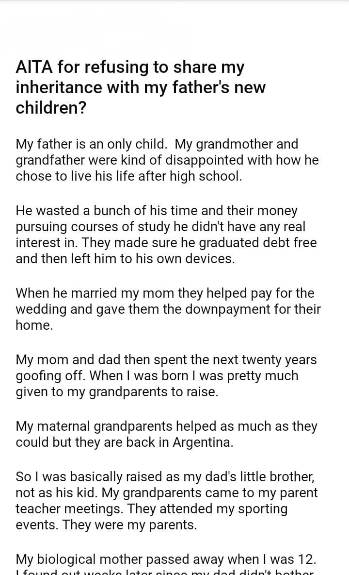 AITA for refusing to share my inheritance with my father’s new children? – DJOTD.com