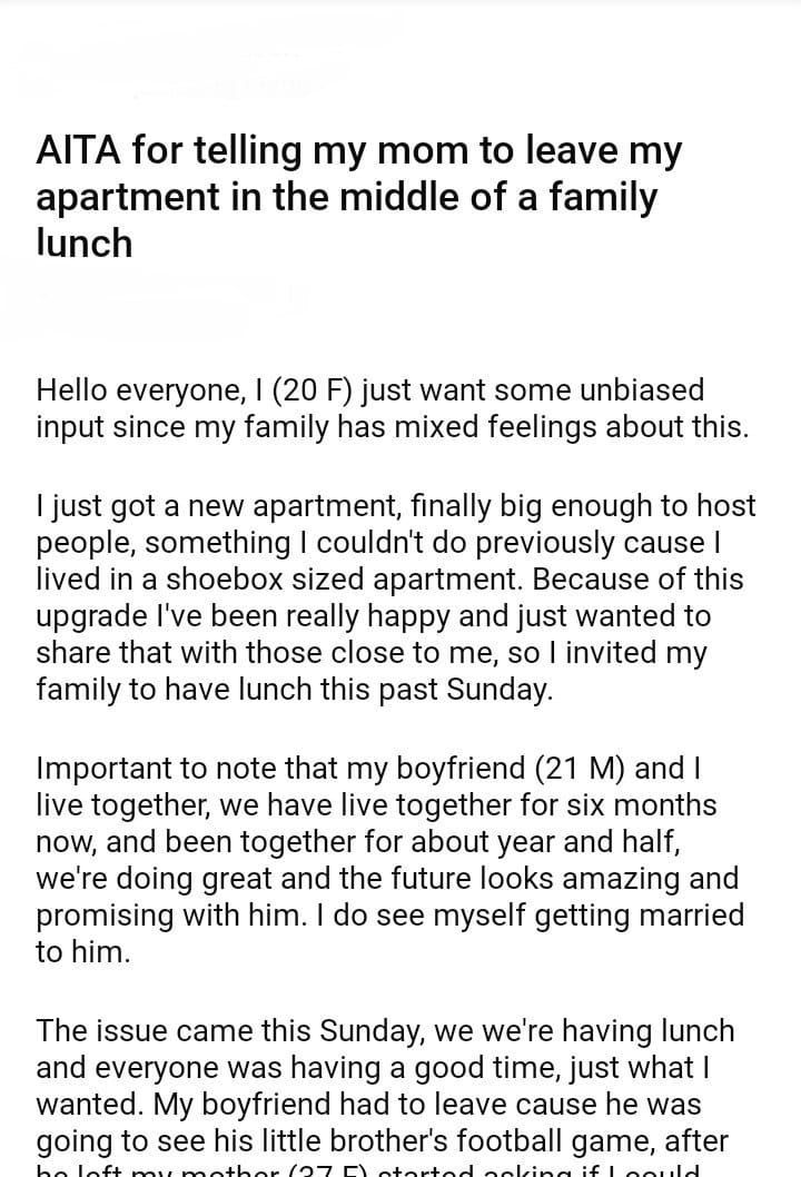 AITA for telling my mom to leave my apartment – DJOTD.com