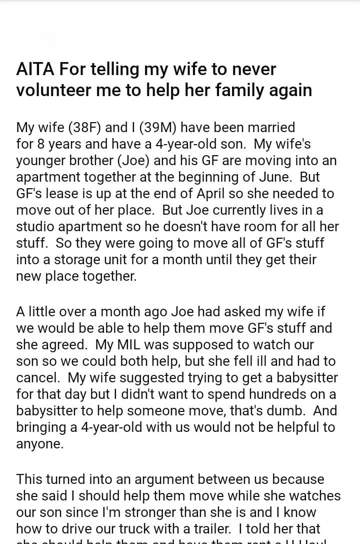 AITA For telling my wife to never volunteer me to help her family again ...