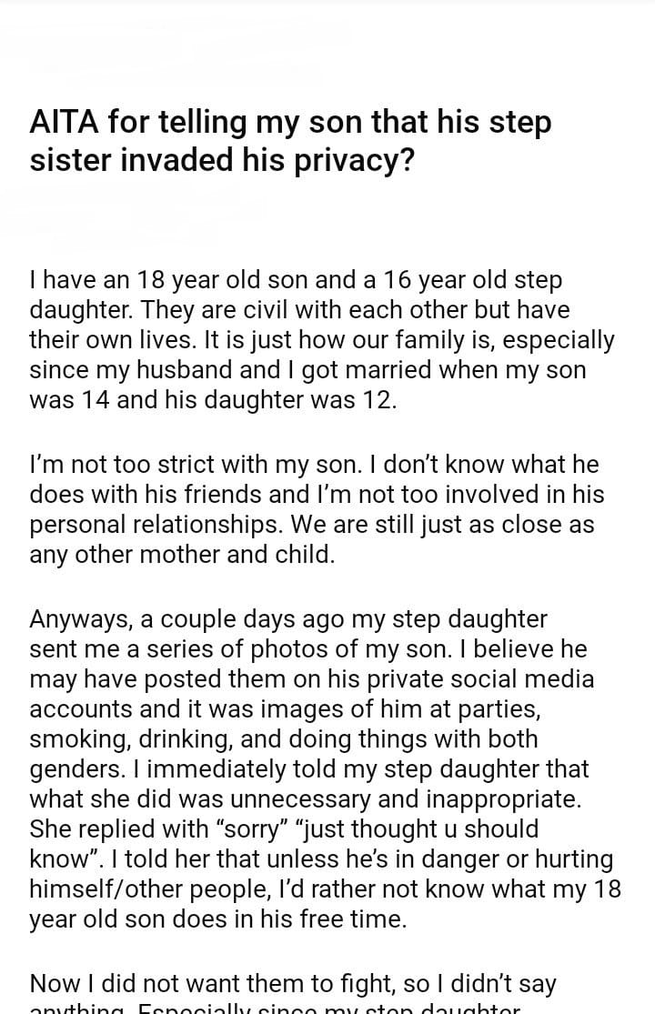 Aita For Telling My Son That His Step Sister Invaded His Privacy