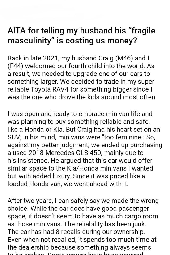 Aita For Telling My Husband His Masculinity Is Costing Us Money 
