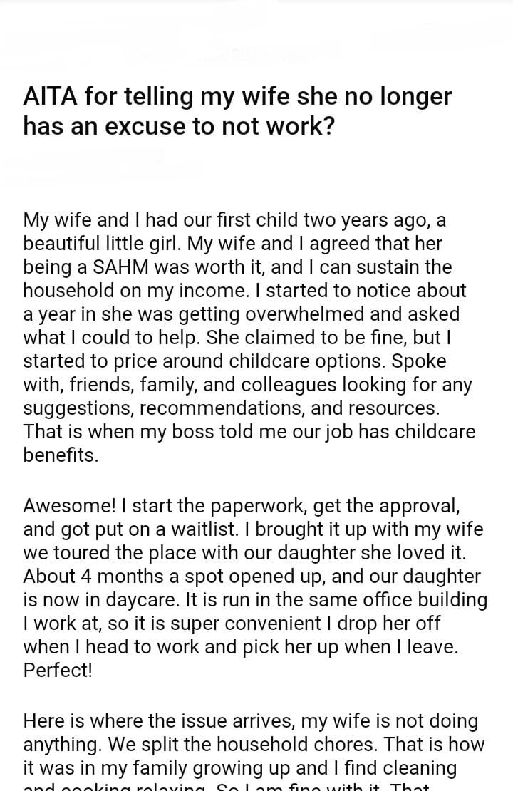 AITA for telling my wife she no longer has an excuse to not work? – DJOTD.com