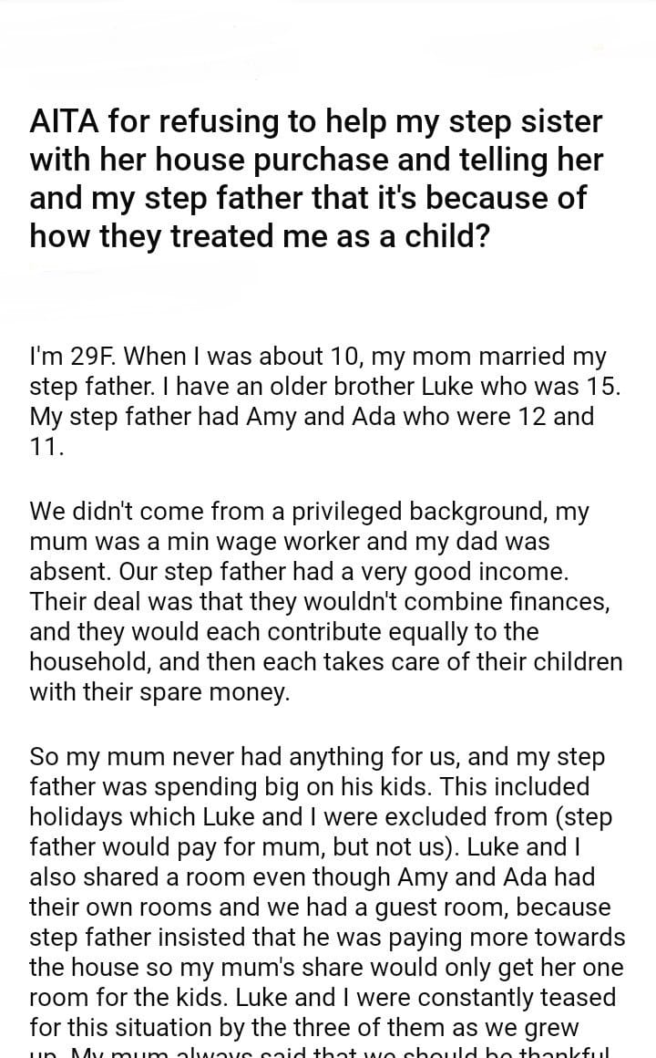 AITA for refusing to help my step sister with her house purchase – DJOTD.com