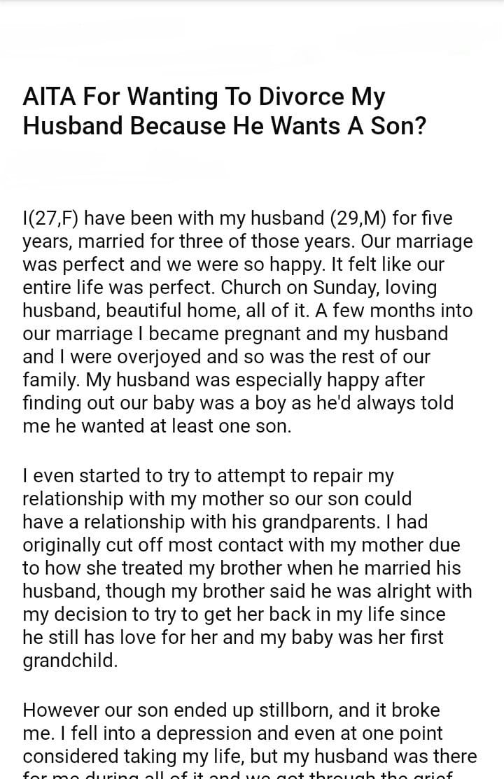 AITA For Wanting To Divorce My Husband Because He Wants A Son? – DJOTD.com