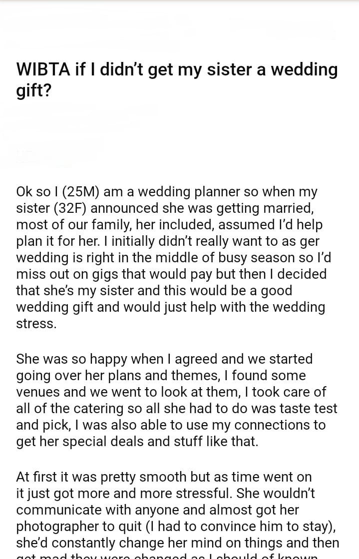 WIBTA if I didn’t get my sister a wedding gift? – DJOTD.com