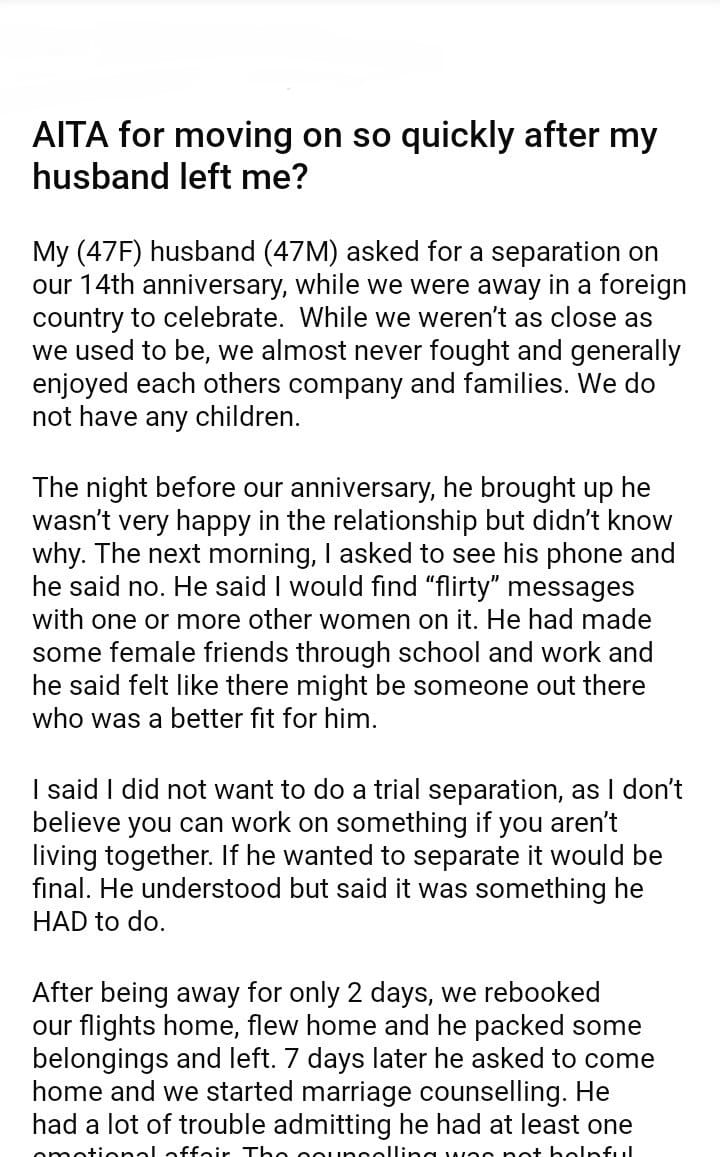 AITA for moving on so quickly after my husband left me? – DJOTD.com