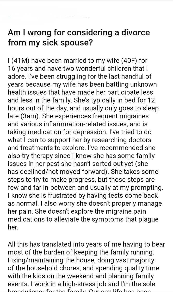 Am I wrong for considering a divorce from my sick spouse? – DJOTD.com