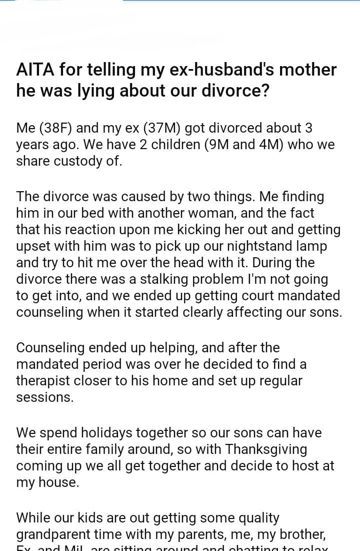 AITA for telling my ex-husband’s mother he was lying about our divorce? – DJOTD.com
