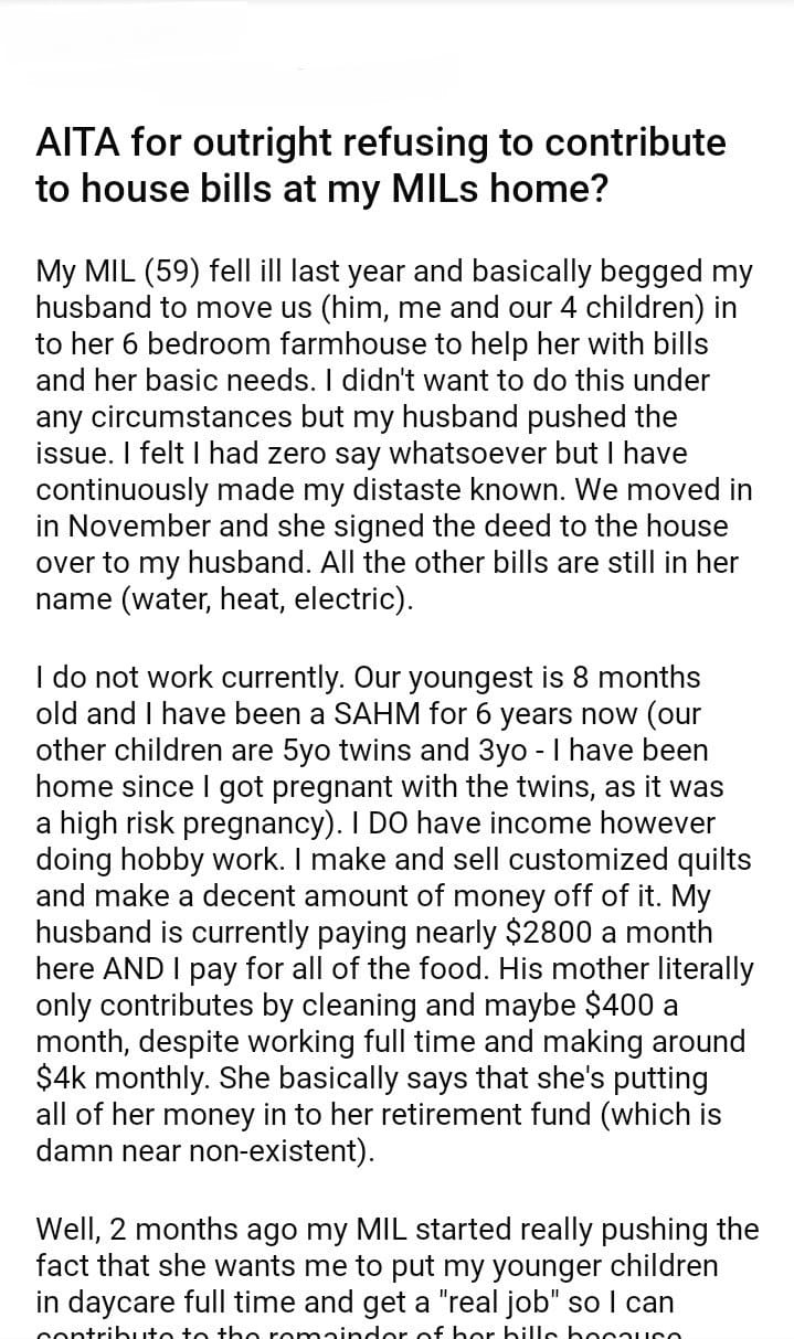 AITA for refusing to contribute to house bills at my MILs home? – DJOTD.com