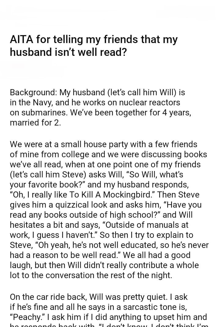 Aita For Telling My Friends That My Husband Isnt Well Read