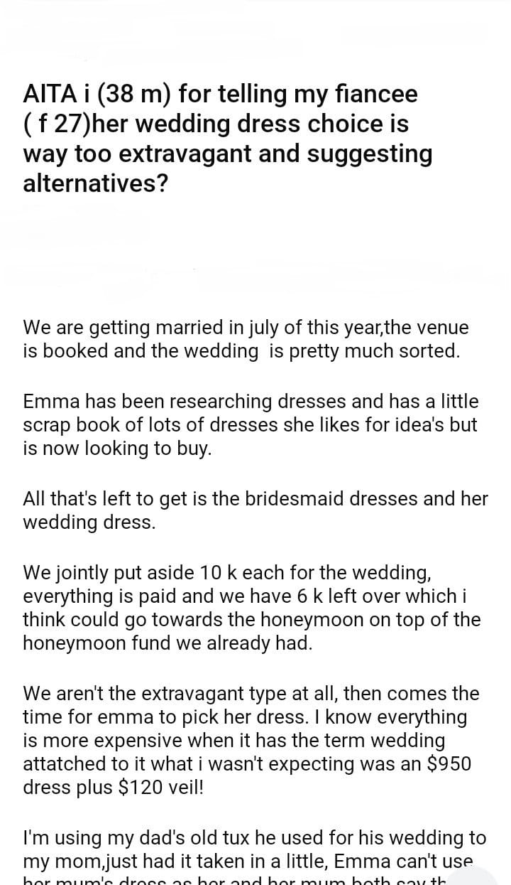 AITA i (38 m) for telling my fiancee ( f 27)her wedding dress choice is ...