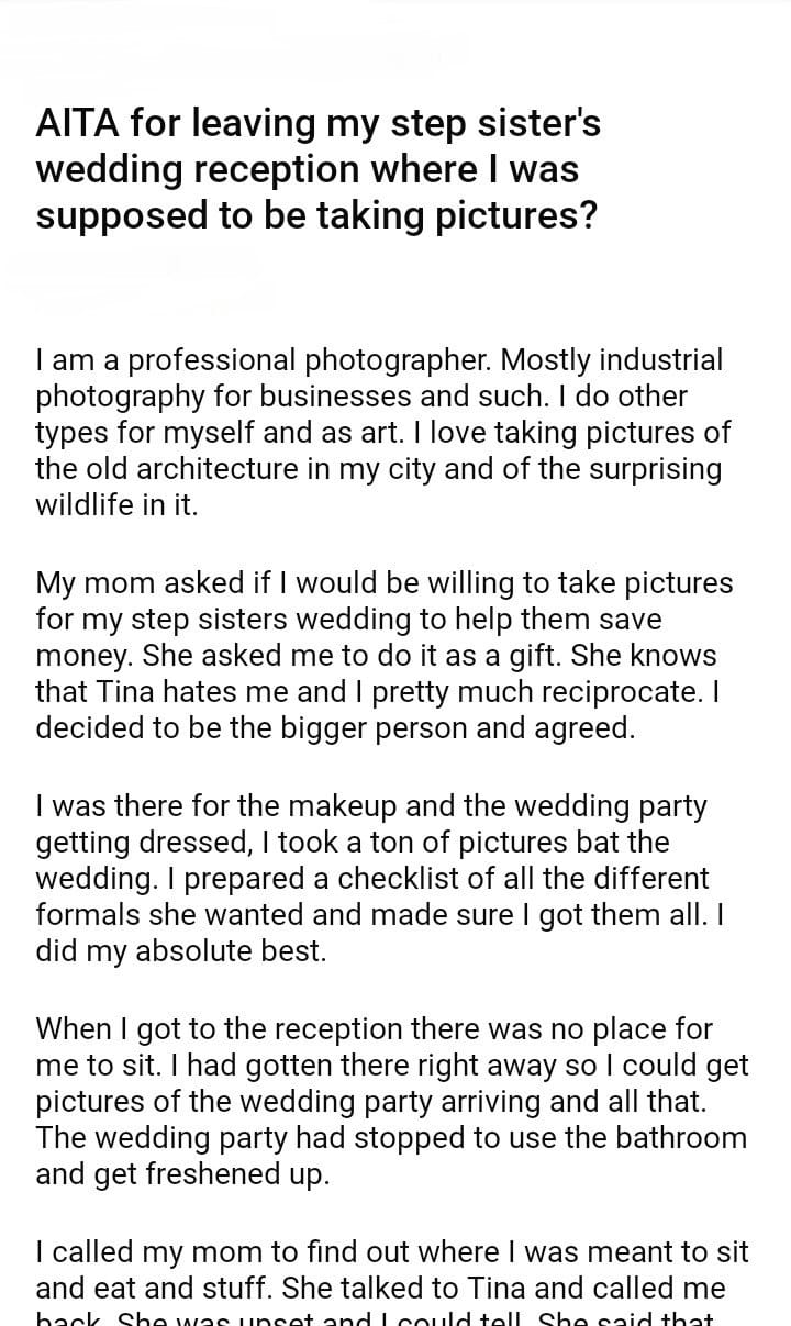 Aita For Leaving My Step Sisters Wedding Reception