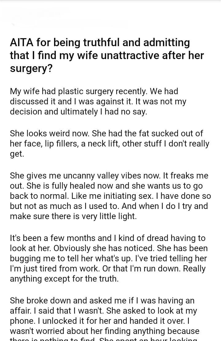 Aita For Being Truthful And Admitting That I Find My Wife Unattractive