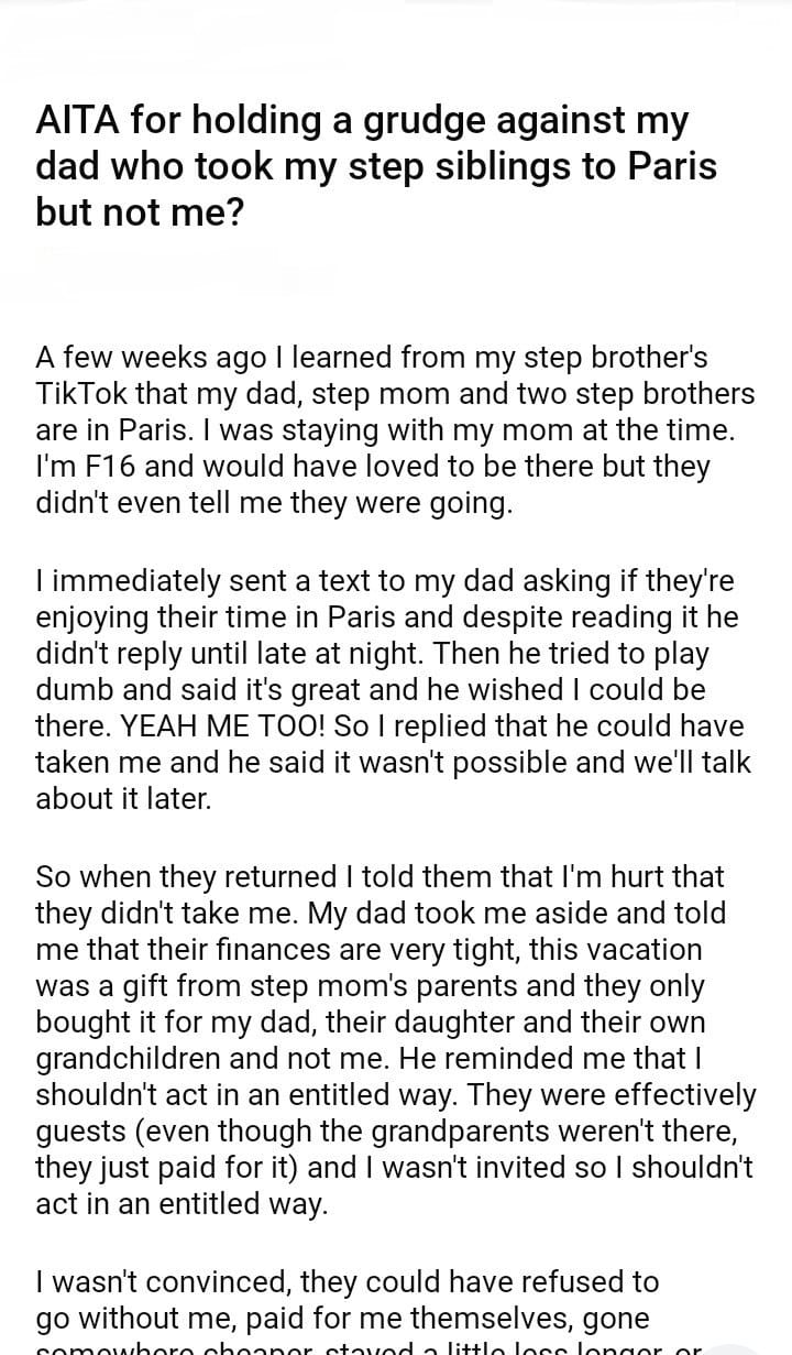 Aita For My Dad Who Took My Step Siblings To Paris But Not Me