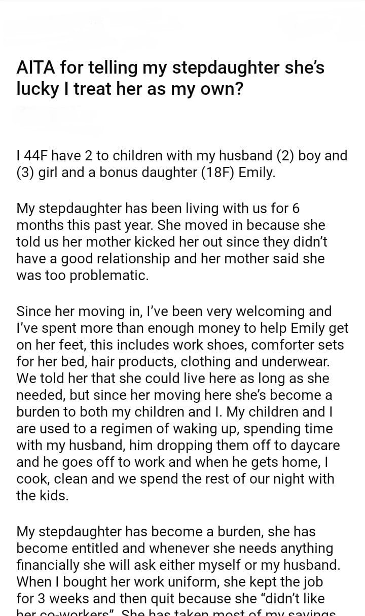 Aita For Telling My Stepdaughter Shes Lucky I Treat Her As My Own
