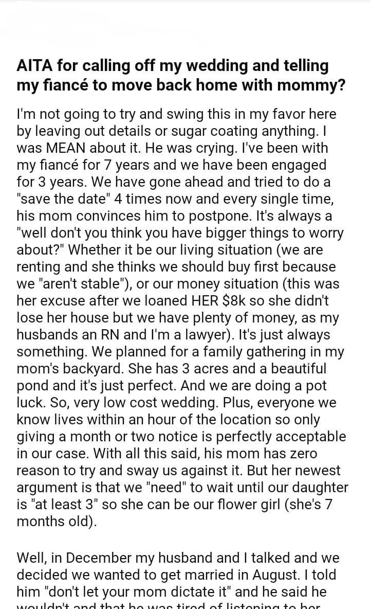 AITA for calling off my wedding and telling my fiancé to move back home with mommy? – DJOTD.com