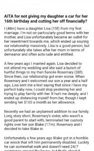 Aita For Not Giving My Daughter A Car For Her 16th Birthday Djotd