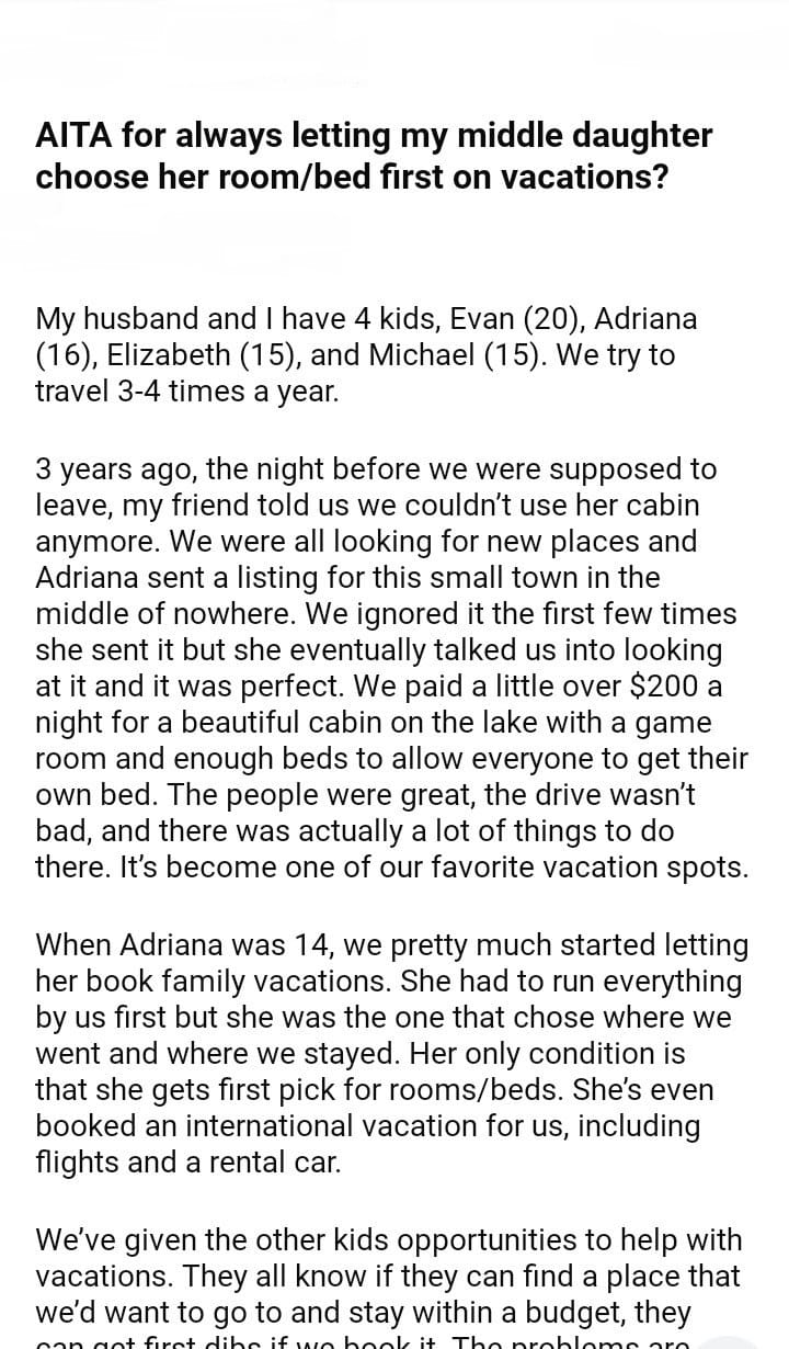 AITA for always letting my middle daughter choose her room/bed first on ...