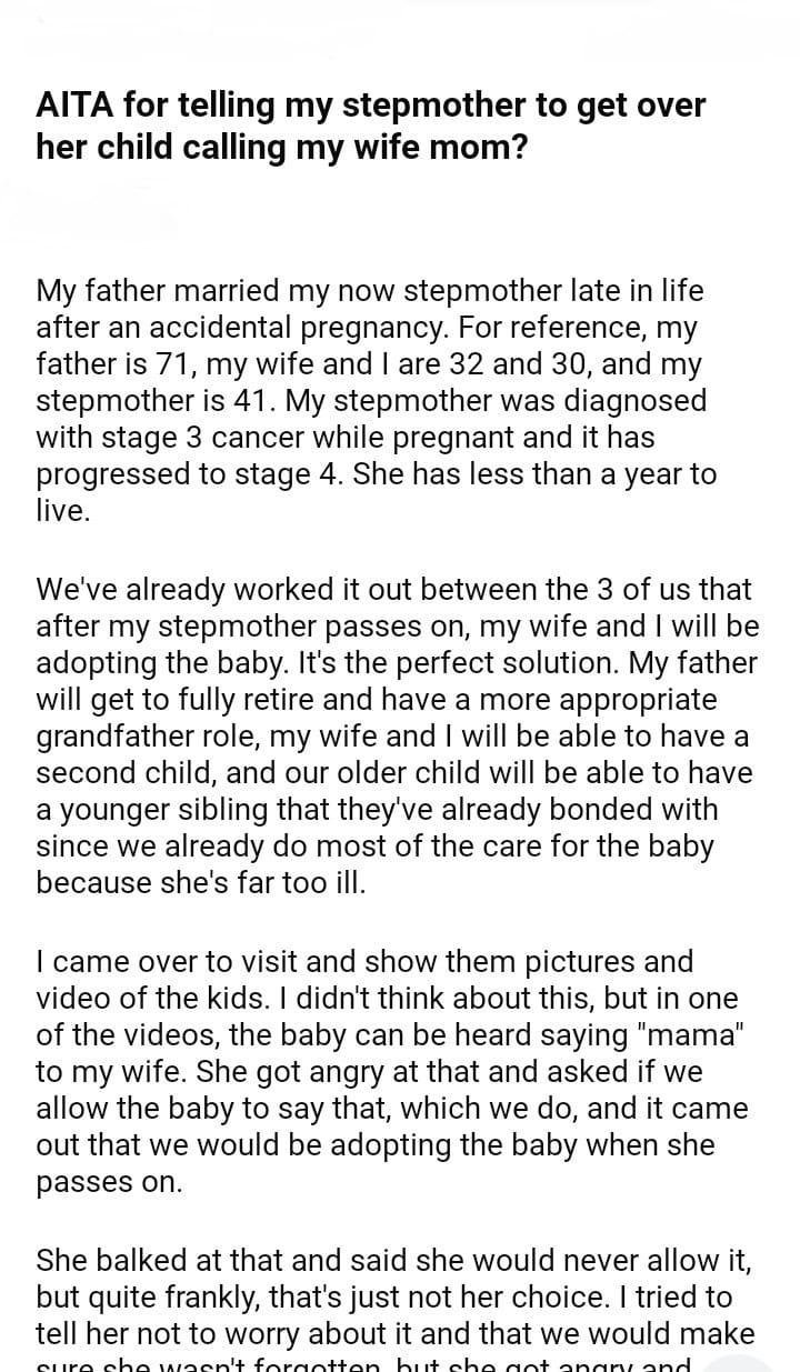 AITA for telling my stepmother to get over her child calling my wife mom? – DJOTD.com