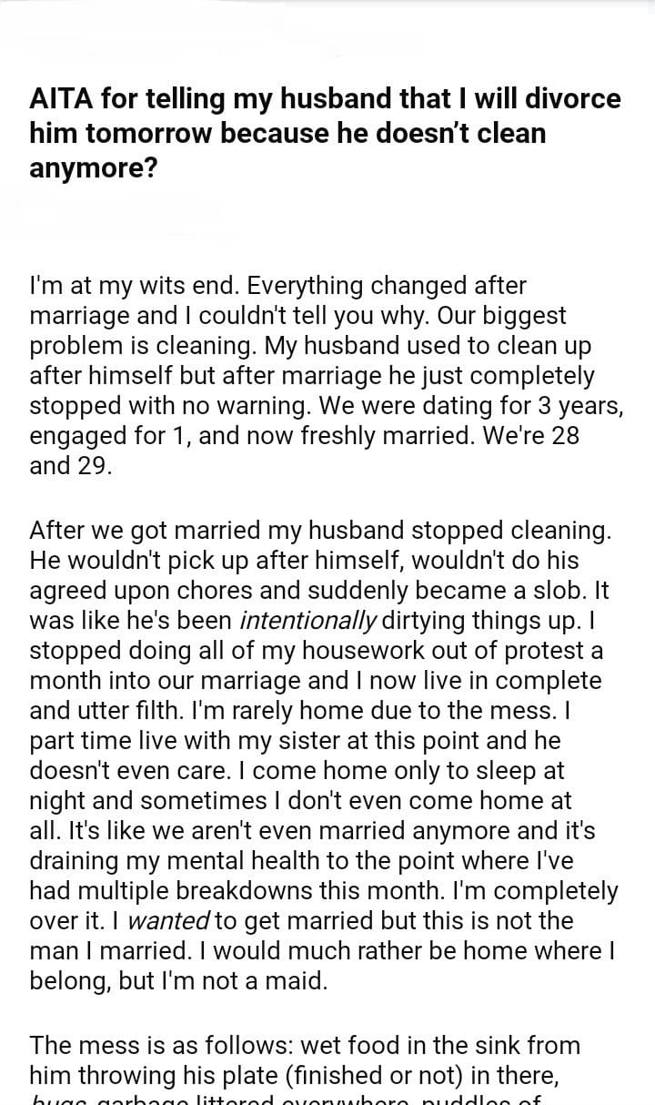 AITA for telling my husband that I will divorce him tomorrow – DJOTD.com