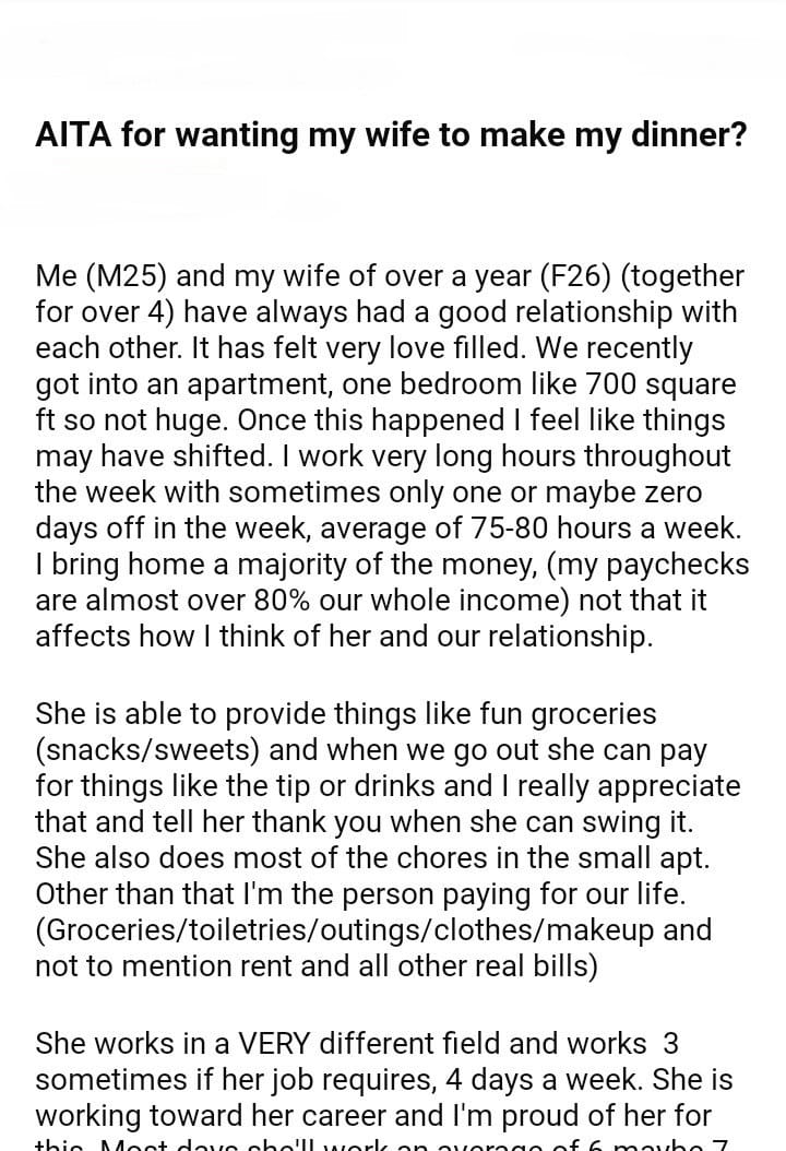 AITA for wanting my wife to make my dinner? – DJOTD.com
