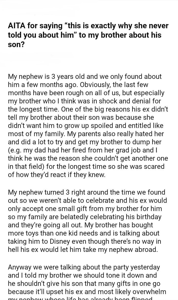 AITA for saying “this is exactly why she never told you about him” to my brother about his son ...
