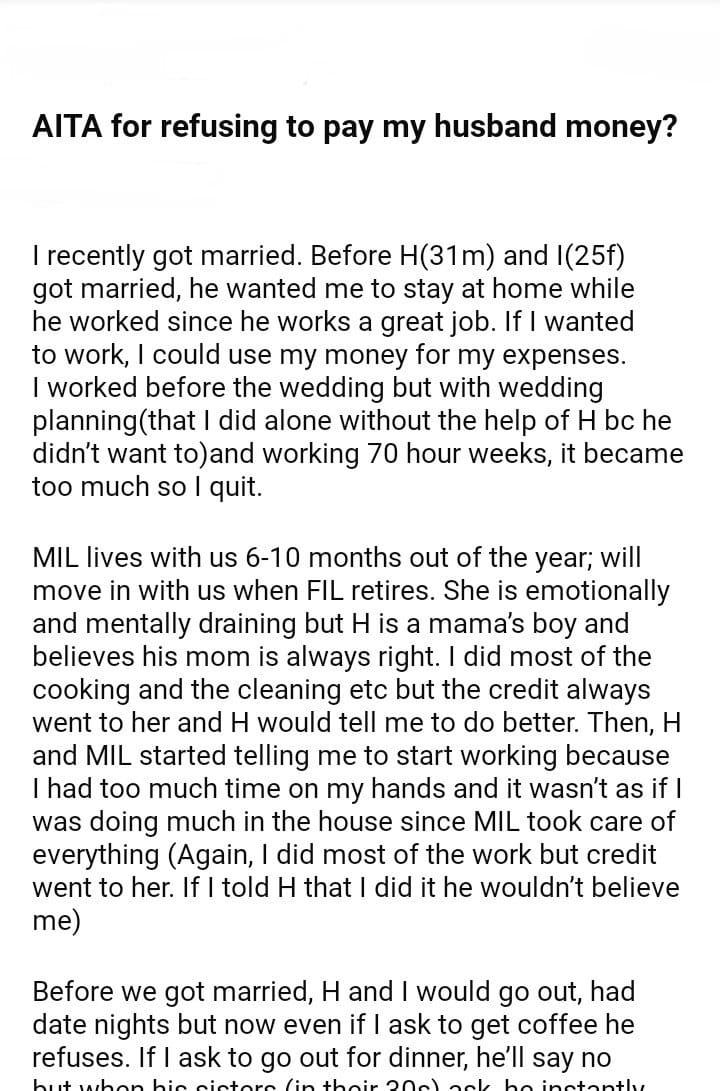 AITA for refusing to pay my husband money? – DJOTD.com
