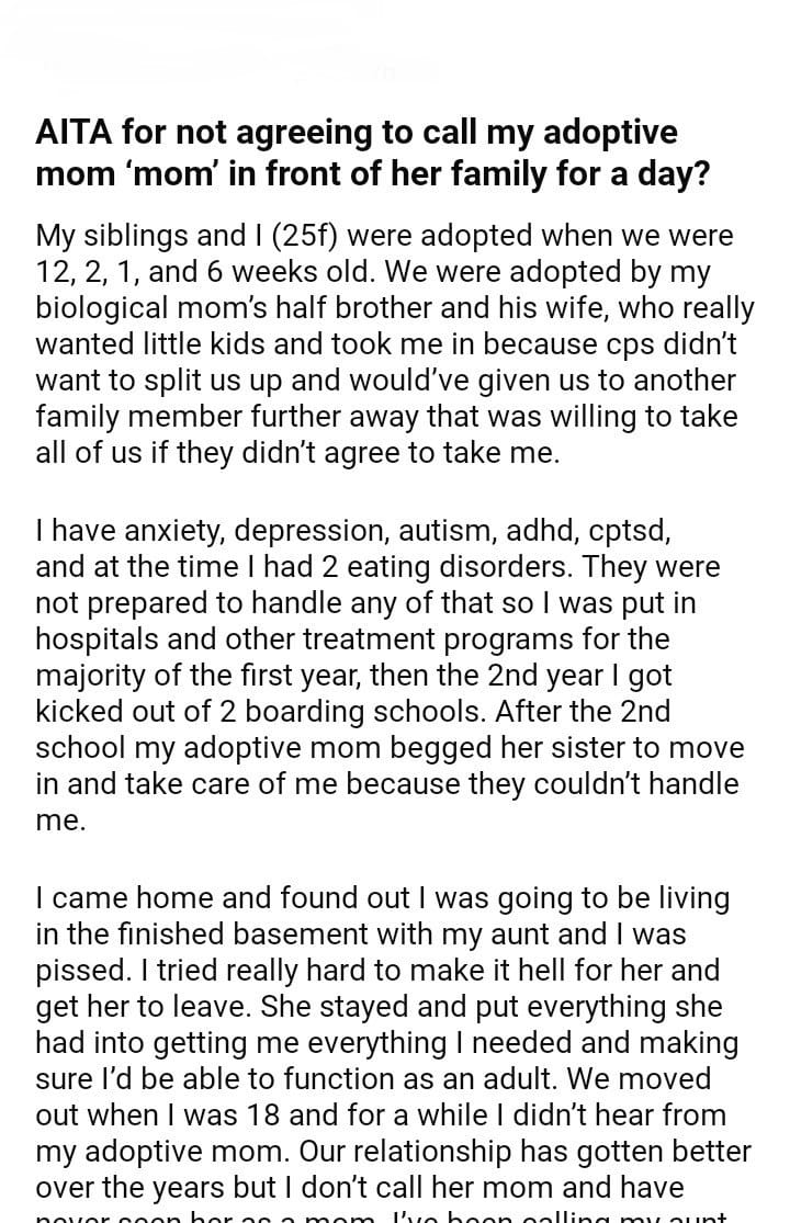 AITA for not agreeing to call my adoptive mom ‘mom’ – DJOTD.com