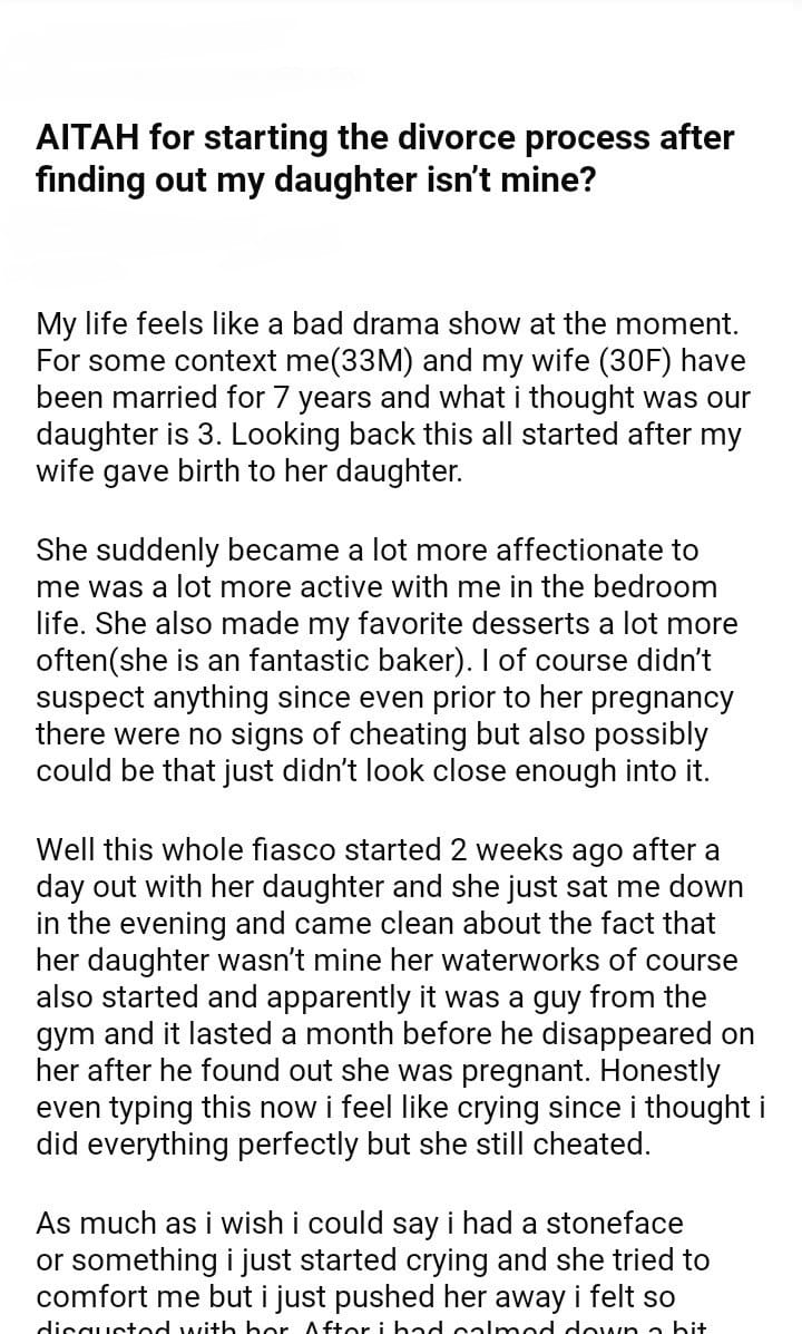AITAH for starting the divorce process after finding out my daughter isn’t mine? – DJOTD.com