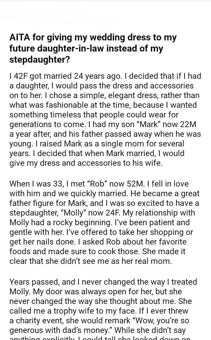AITA for giving my wedding dress to my future daughter-in-law instead of my stepdaughter ...
