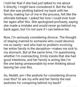 AITA for Considering Divorce After My Wife and Her Family – DJOTD.com
