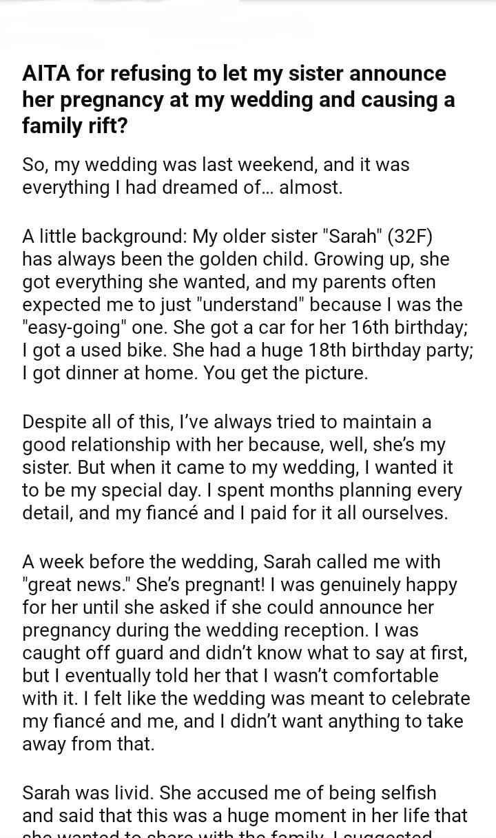 AITA for refusing to let my sister announce her pregnancy – DJOTD.com