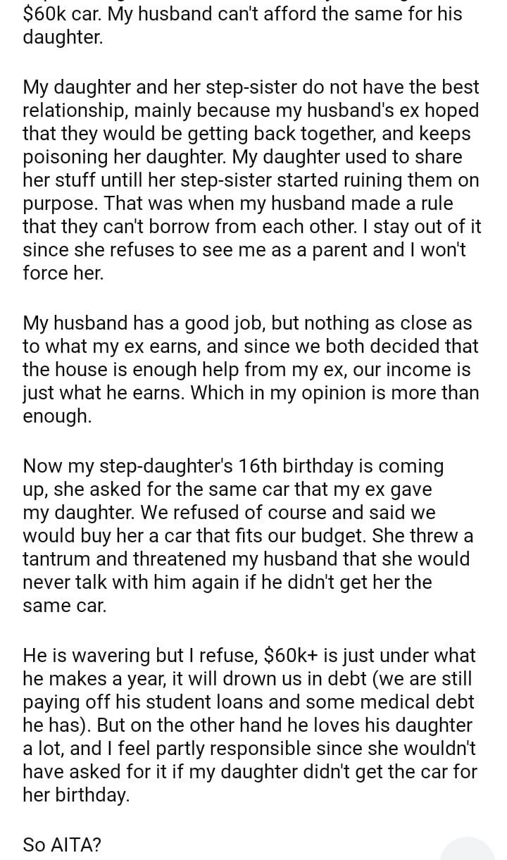 AITA for refusing to buy my step-daughter a car like my daughter’s? – DJOTD.com