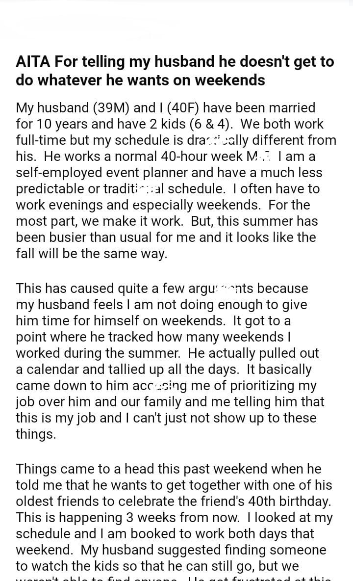 Aita For Telling My Husband He Doesnt Get To Do Whatever He Wants On Weekends