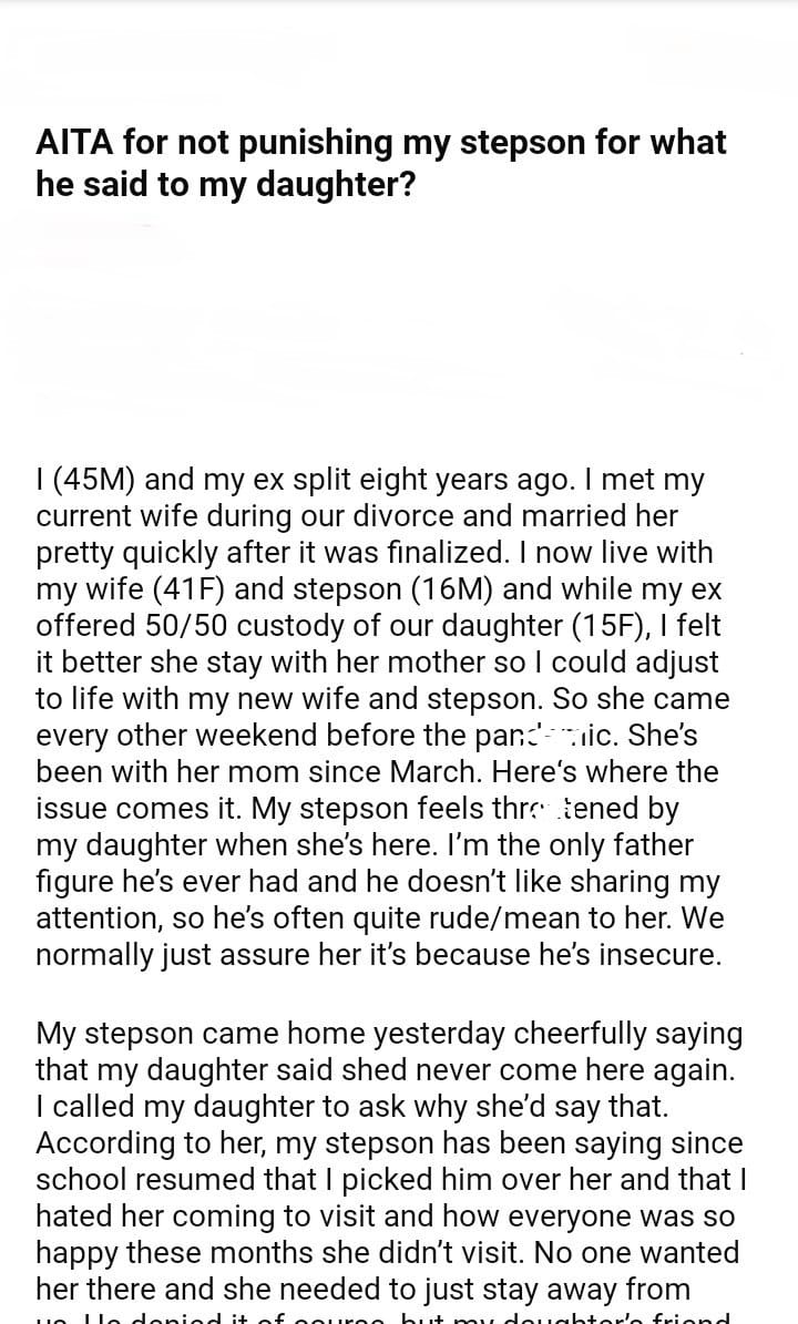 Aita For Not My Stepson For What He Said To My Daughter