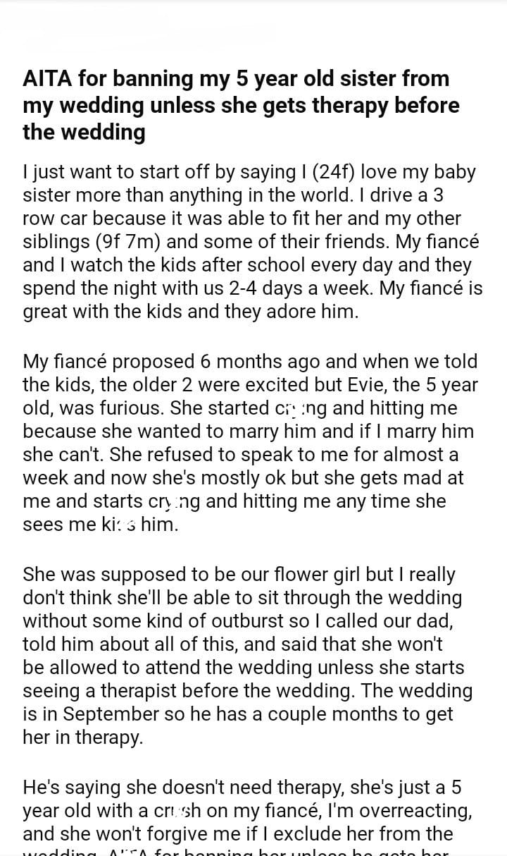 AITA for my 5 year old sister from my wedding – DJOTD.com