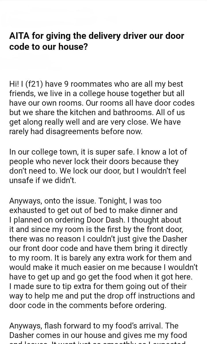 AITA for the delivery driver our door code to our house? – DJOTD.com