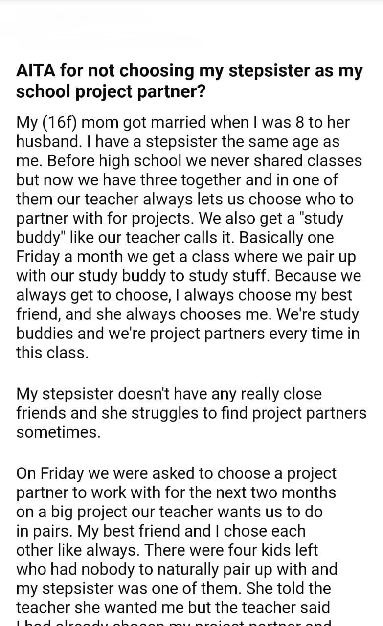 AITA for my stepsister as my school project partner? – DJOTD.com