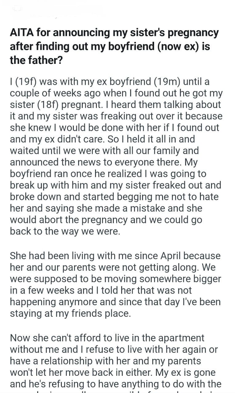 Aita For Announcing My Sisters Pregnancy 8259